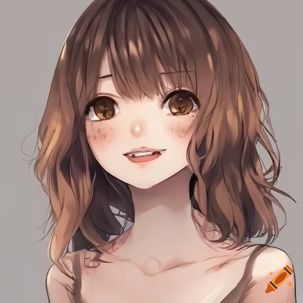 Anime girl with light brown skin, freckles, dark brown hair, and brown ...