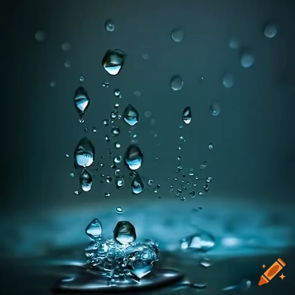 Water droplets and flowing water in a transparent basin with a bright ...