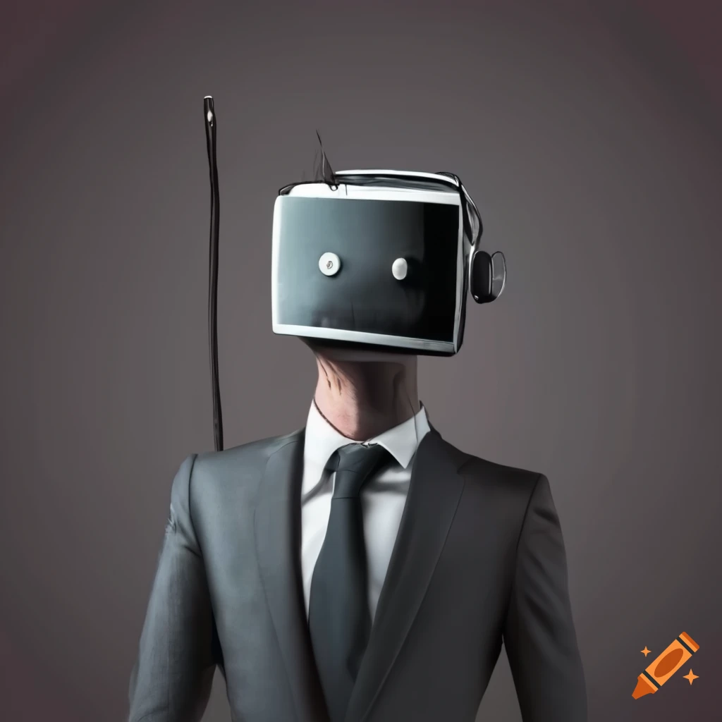 Man with a radio head in a black suit on Craiyon
