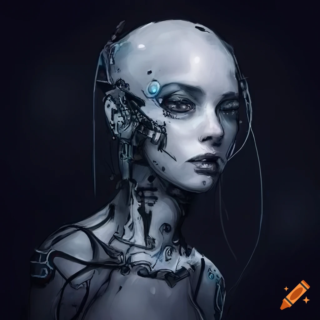 Portrait of a female cyborg goddess in a dark cyberpunk cityscape on ...