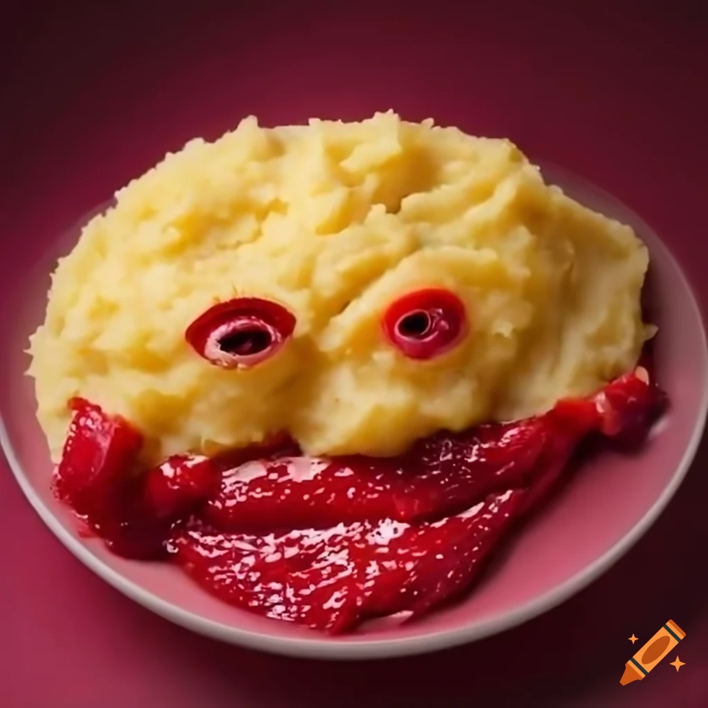 Artistic close-up of mashed potatoes with a face featuring red lipstick ...