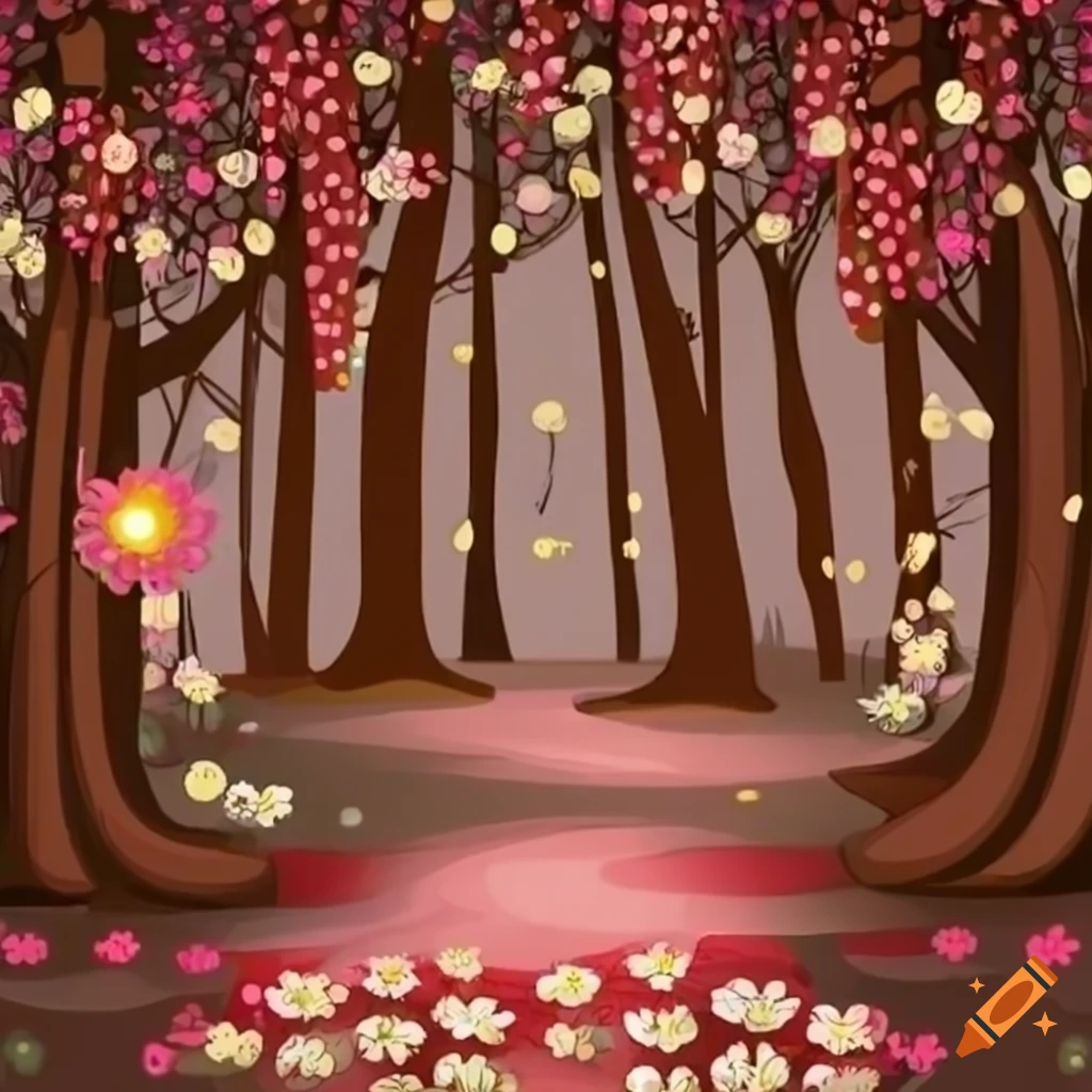 Whimsical cartoon forest with colorful flowers and accents on Craiyon