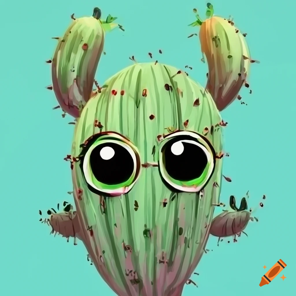 Stylized cactus-monster drawing on white background with big eyes on Craiyon