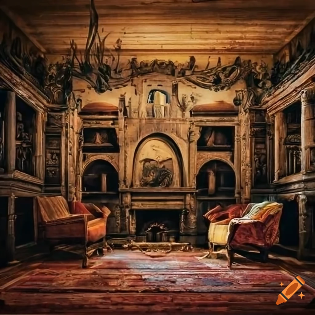 Decrepit medieval mansion living room with trophy cases and odd bocals ...