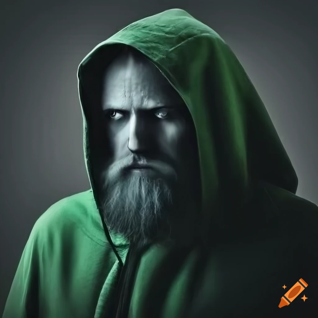 Mysterious bearded figure with ash-grey skin and glowing white eyes in ...