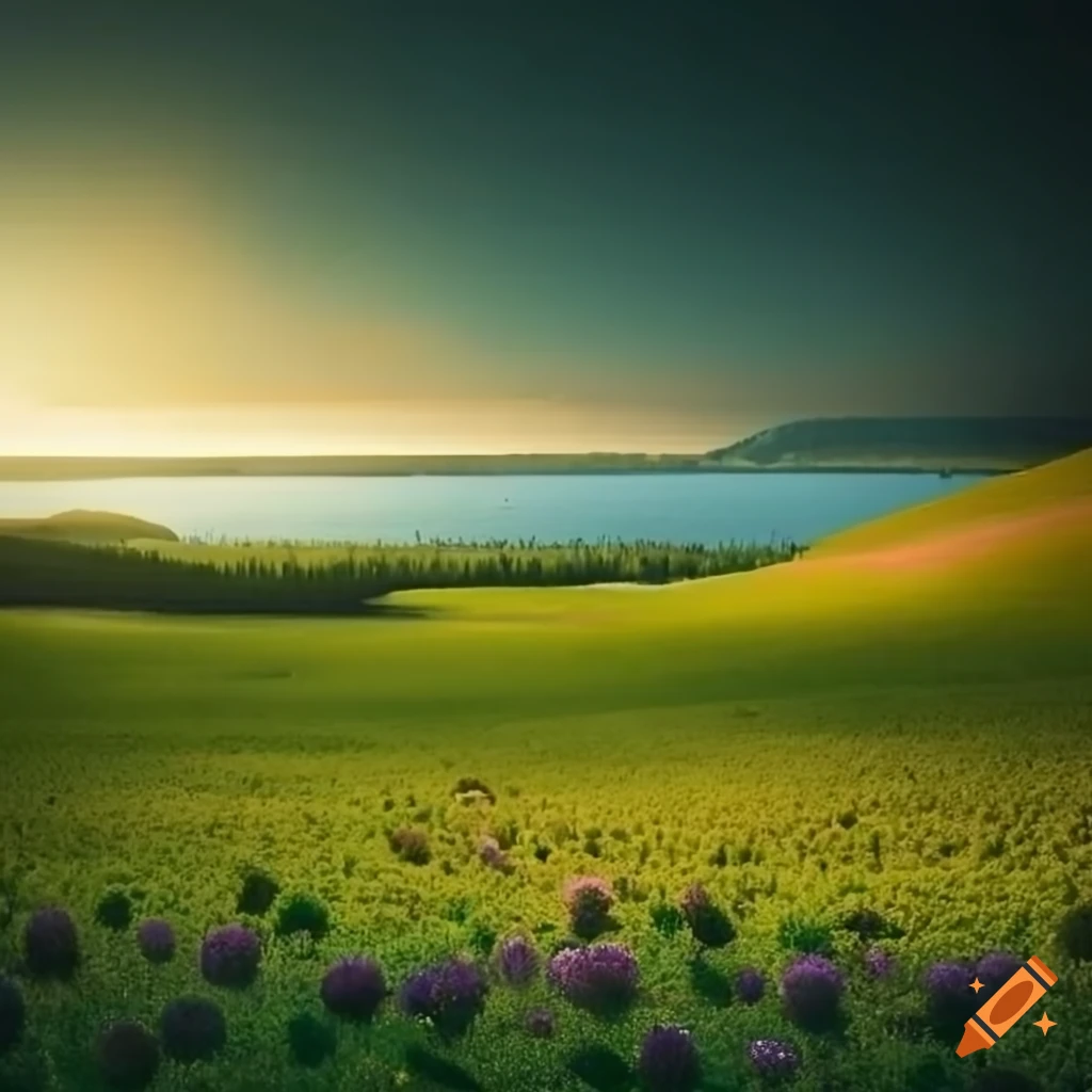 Serene landscape of river merging with lake and hilly woods in a field ...