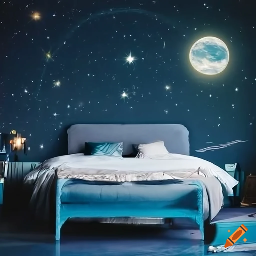 Fantasy bedroom with a moon bed, galactic walls and floating planets on Craiyon