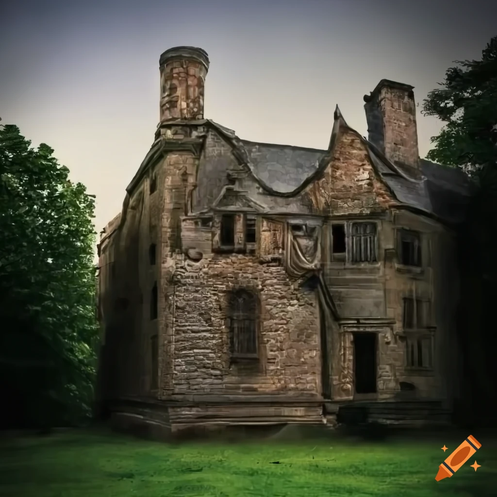 Entrance of a decrepit medieval mansion on Craiyon
