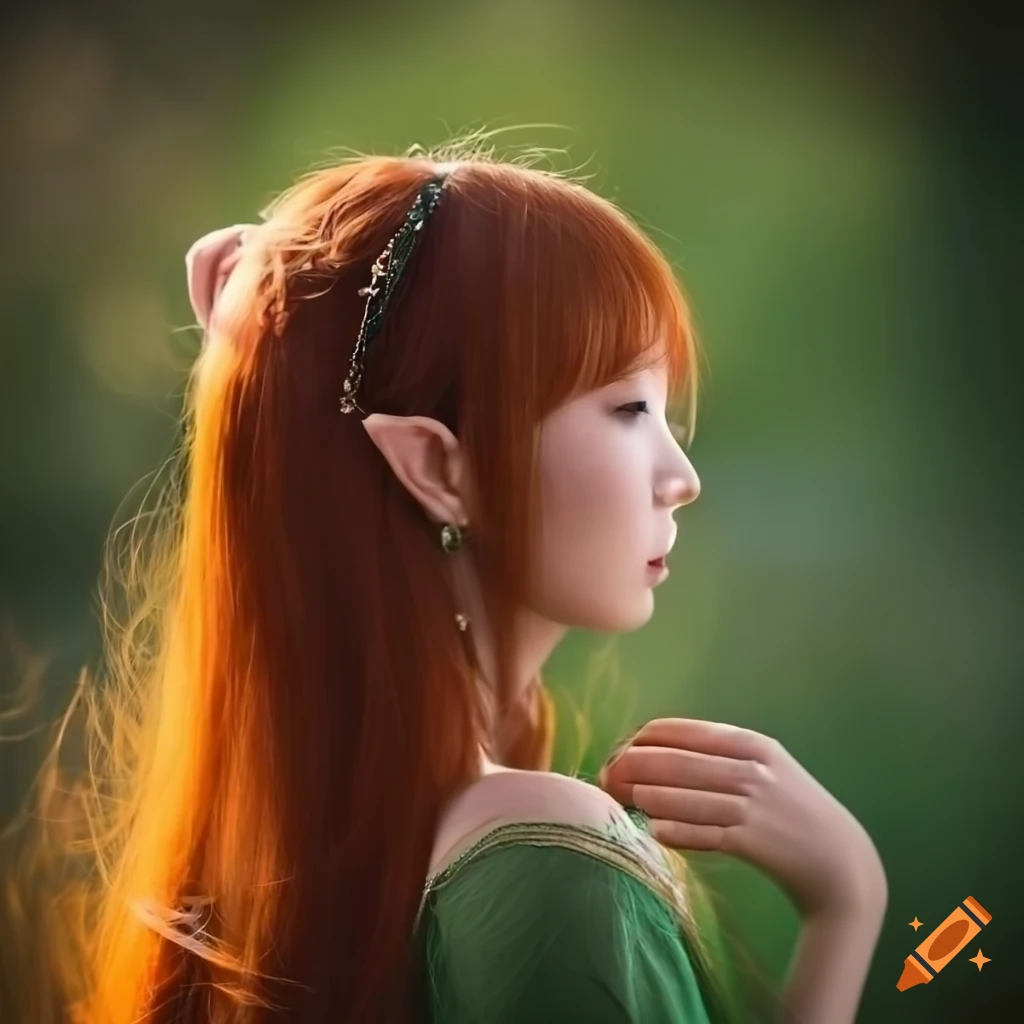 Irish-Korean woman with ginger hair and elf ears in a green gown on Craiyon