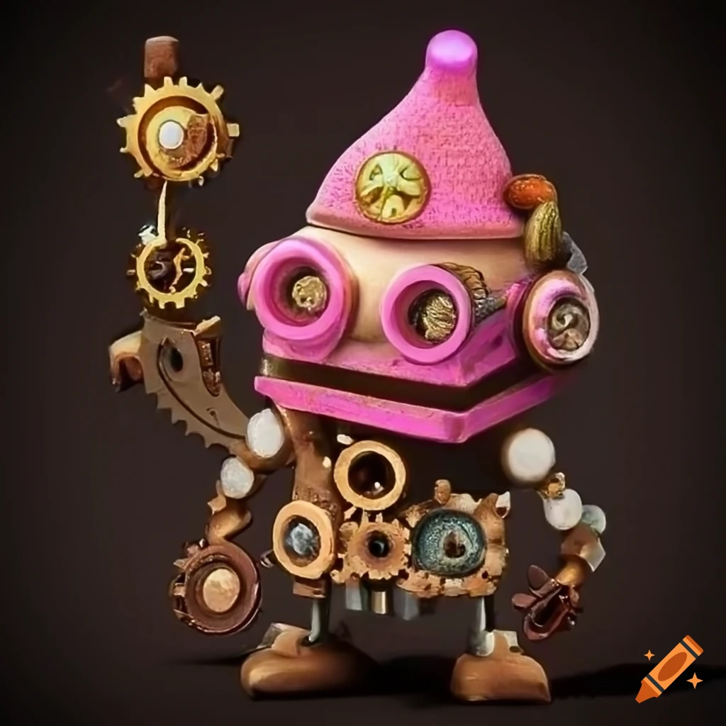 Clockwork, steampunk, robot gnome with gear eyes and pink hat on Craiyon
