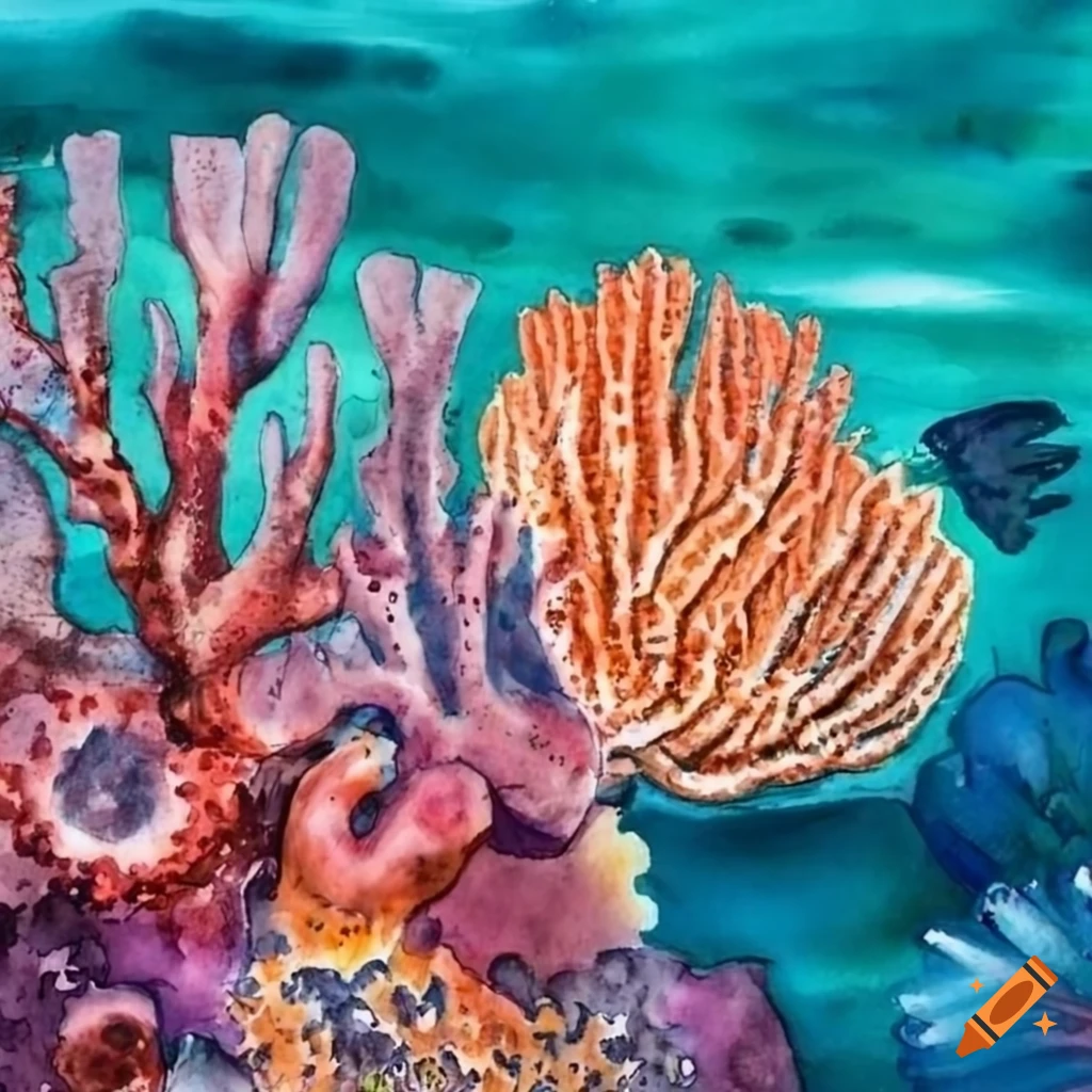 Colorful watercolor coral reef with sponge coral layers on Craiyon