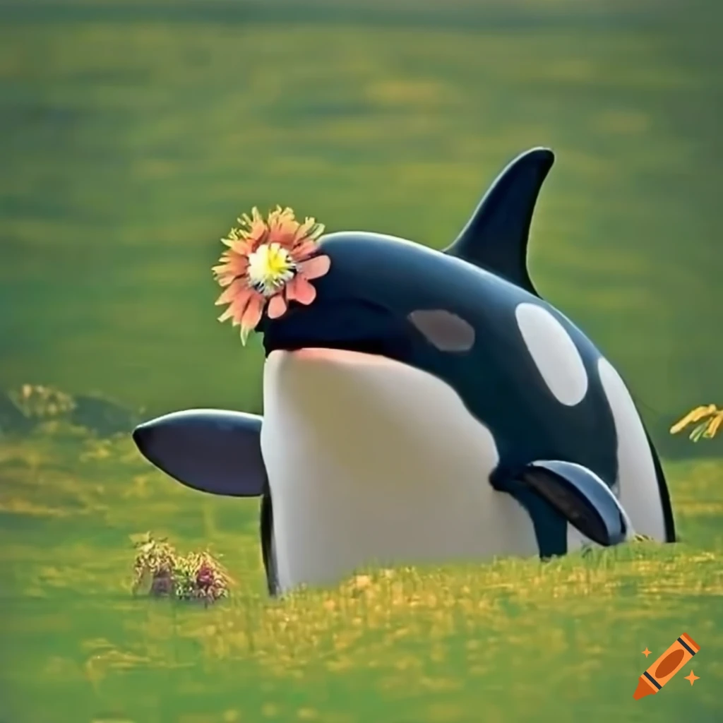 Orca with a flower on its head in a flower-filled field on Craiyon