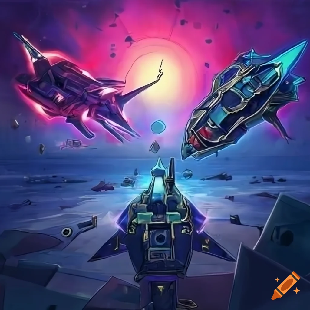 Yugioh artwork of a stranded spaceship on the horizon on Craiyon