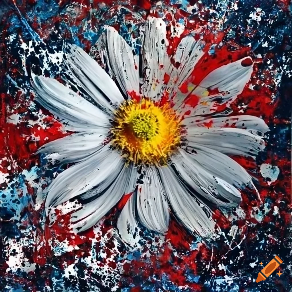 Abstract splatter painting with silver, white, red, and yellow colors ...