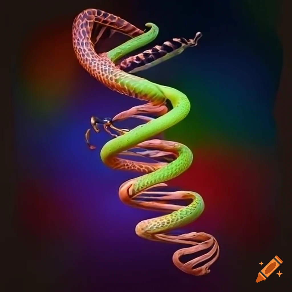 Two snakes intertwined resembling DNA structure on Craiyon
