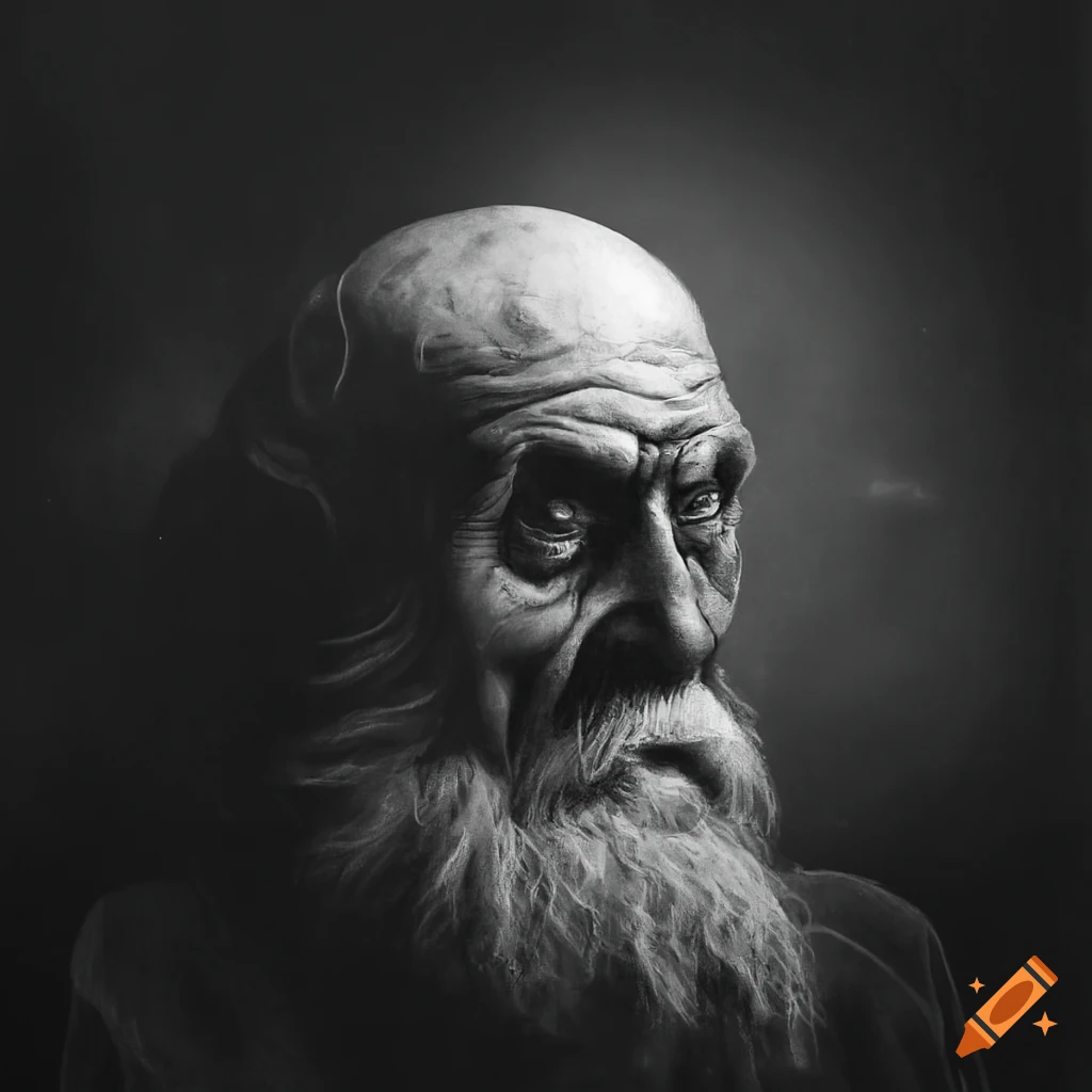 Evil old man under a full moon in black and white by gustav doré on Craiyon