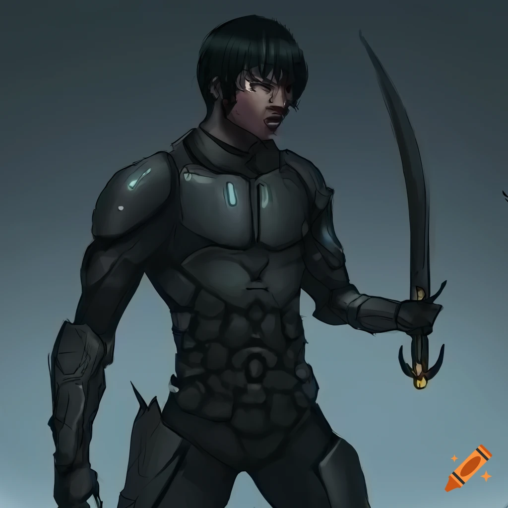 Sci-fi character in black armor with sword in hand on Craiyon