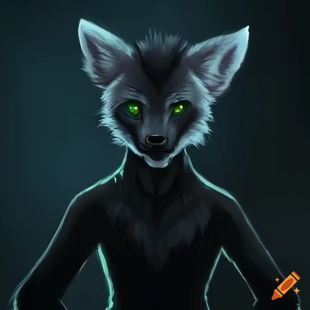 Anthropomorphic black fox with green eyes in stellaris style on Craiyon