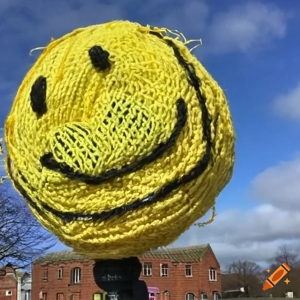 Yellow smiley face yarn bombed on a Belisha beacon in Manchester on Craiyon