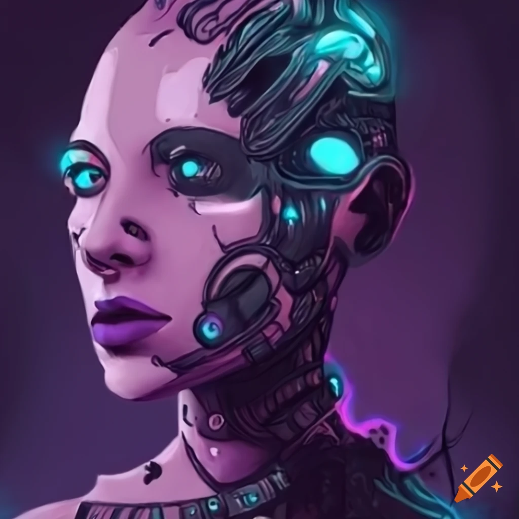 Portrait of a female cyborg goddess in a dark cyberpunk cityscape on ...