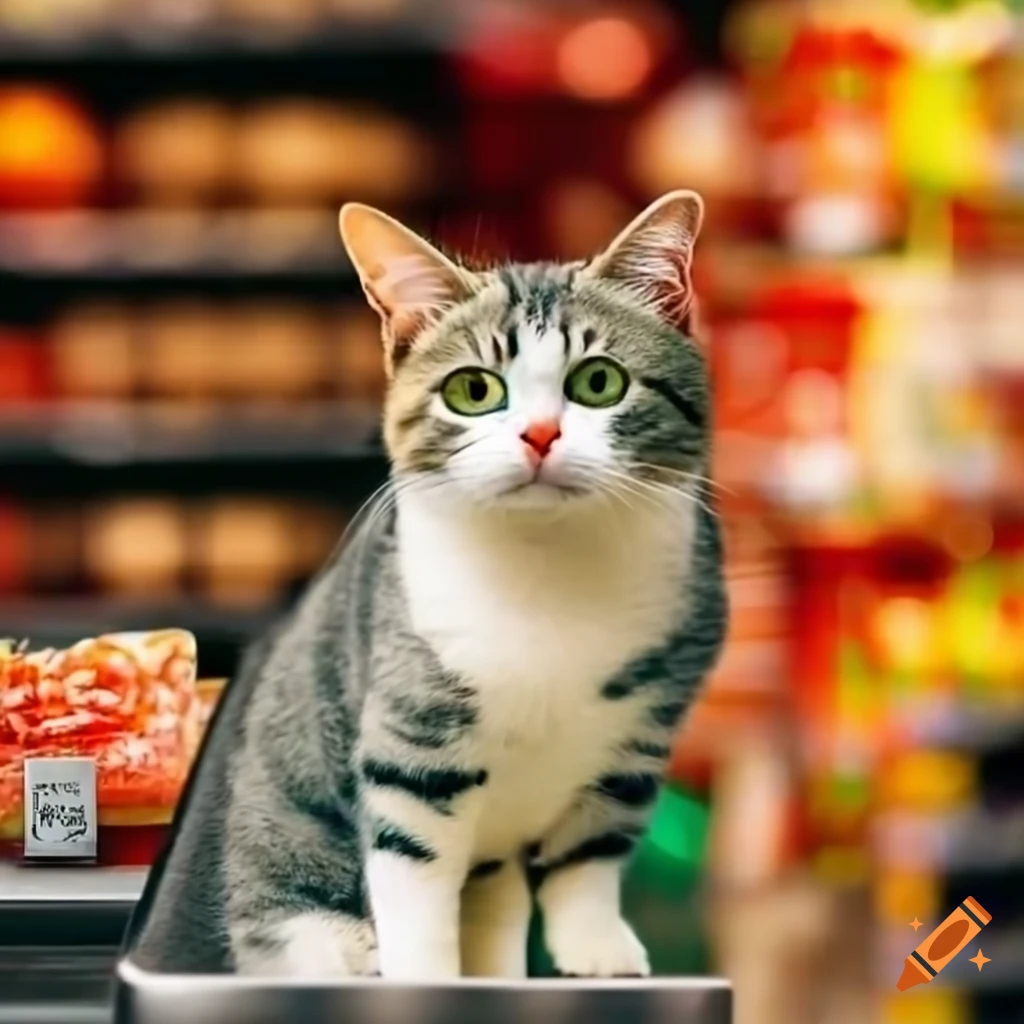 Curious cat sitting on a supermarket checkout counter on Craiyon