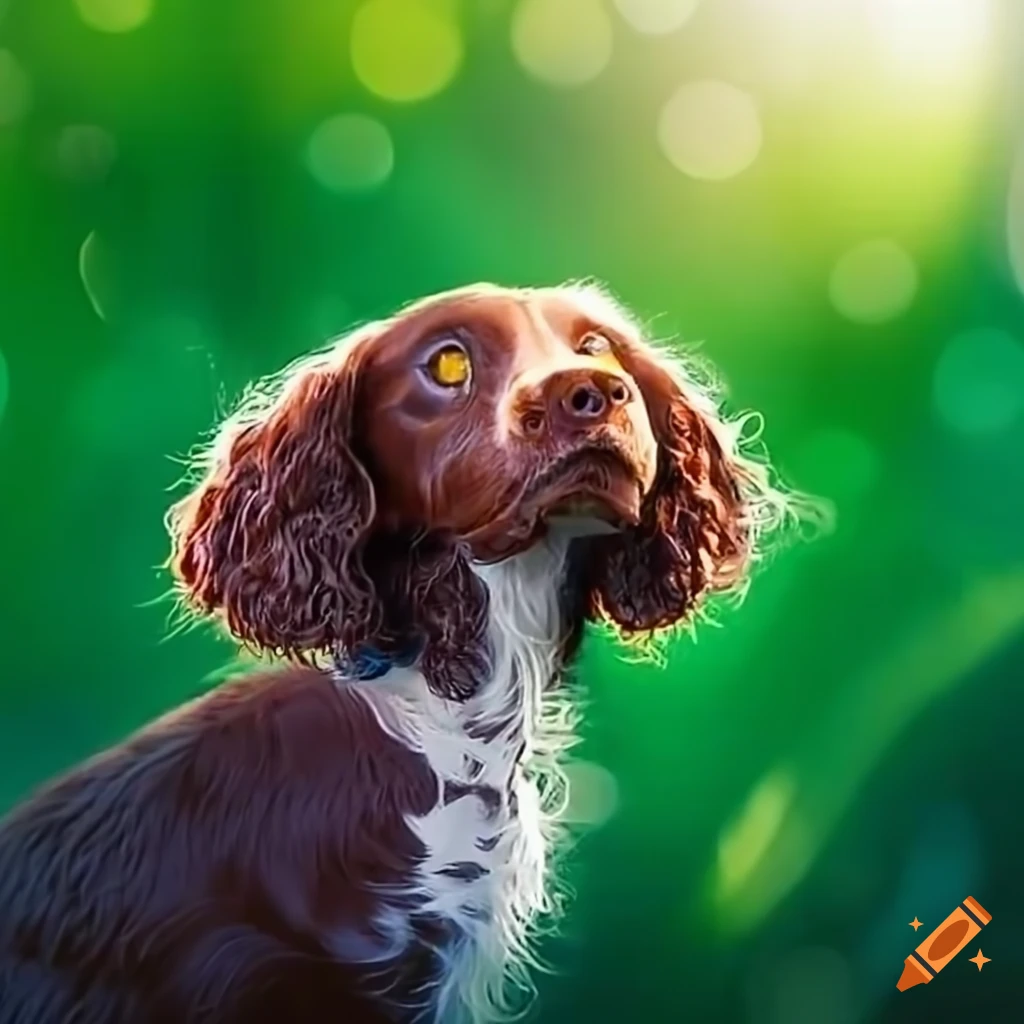Hyper realistic claymation of a springer spaniel playing in a green ...