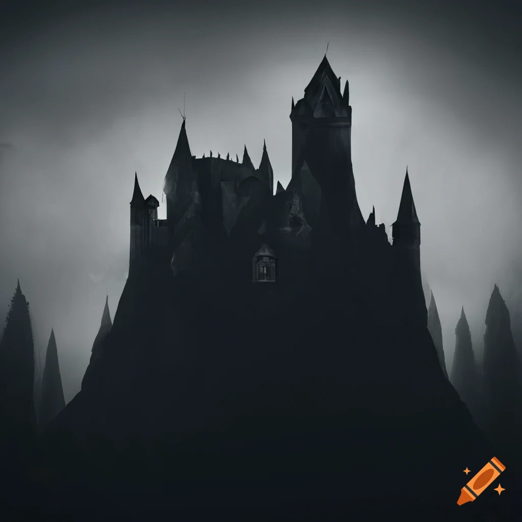 Monochrome abstract collage of a detailed gothic castle on a scary ...