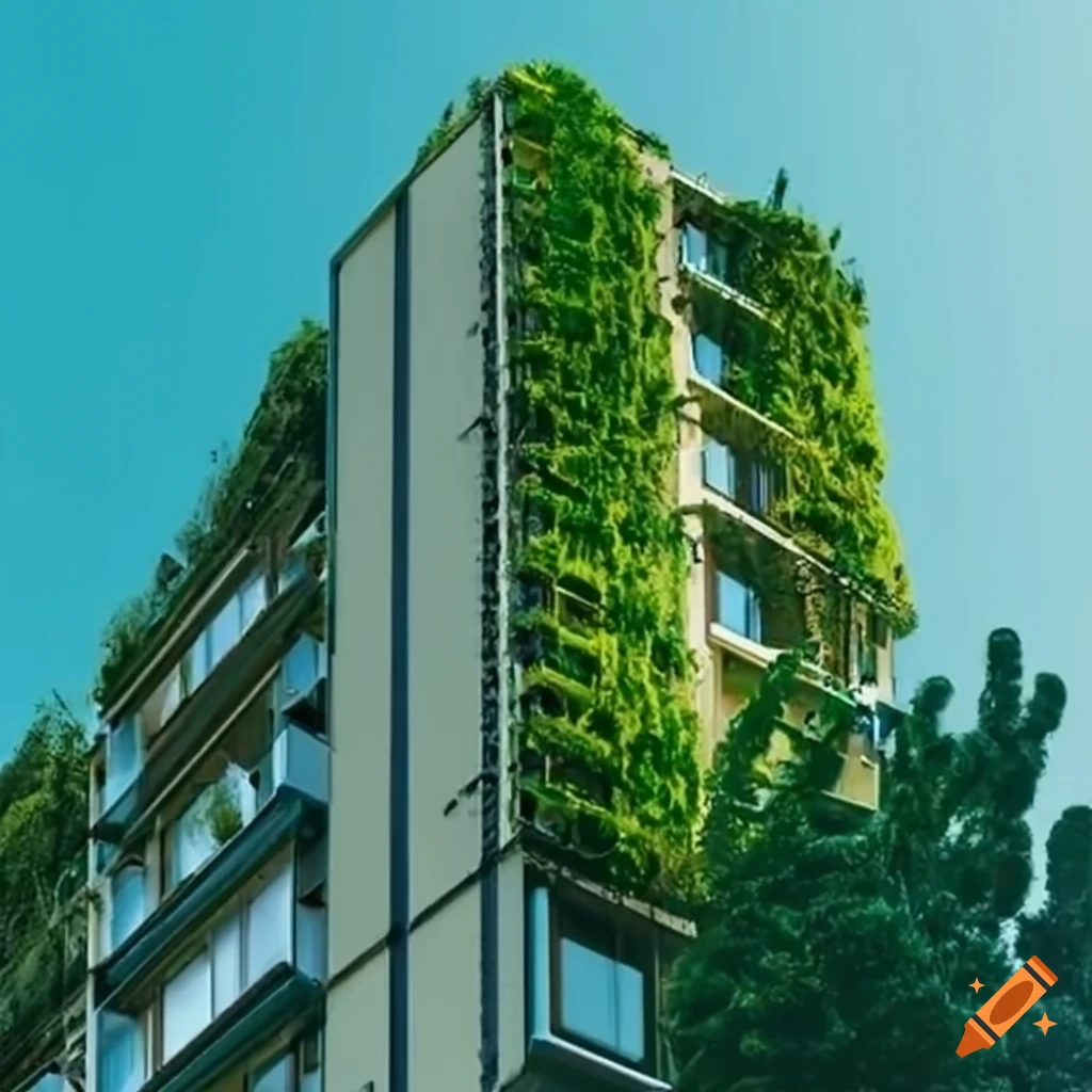 Apartment block with solar panels and green plants on Craiyon