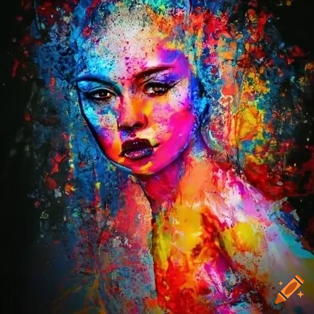 Abstract splatter painting in silver, white, pink, orange, and other ...