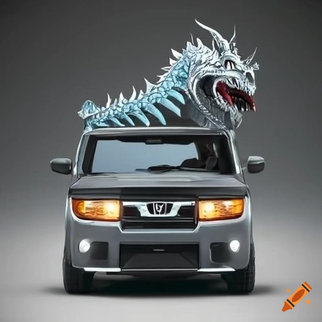 Silver Honda Element car with a dragon emerging from the side window on ...