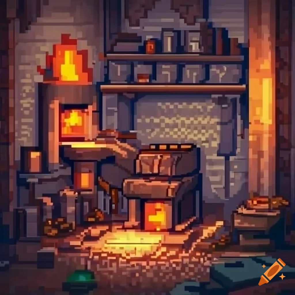 Pixel art of a traditional blacksmith forge on Craiyon