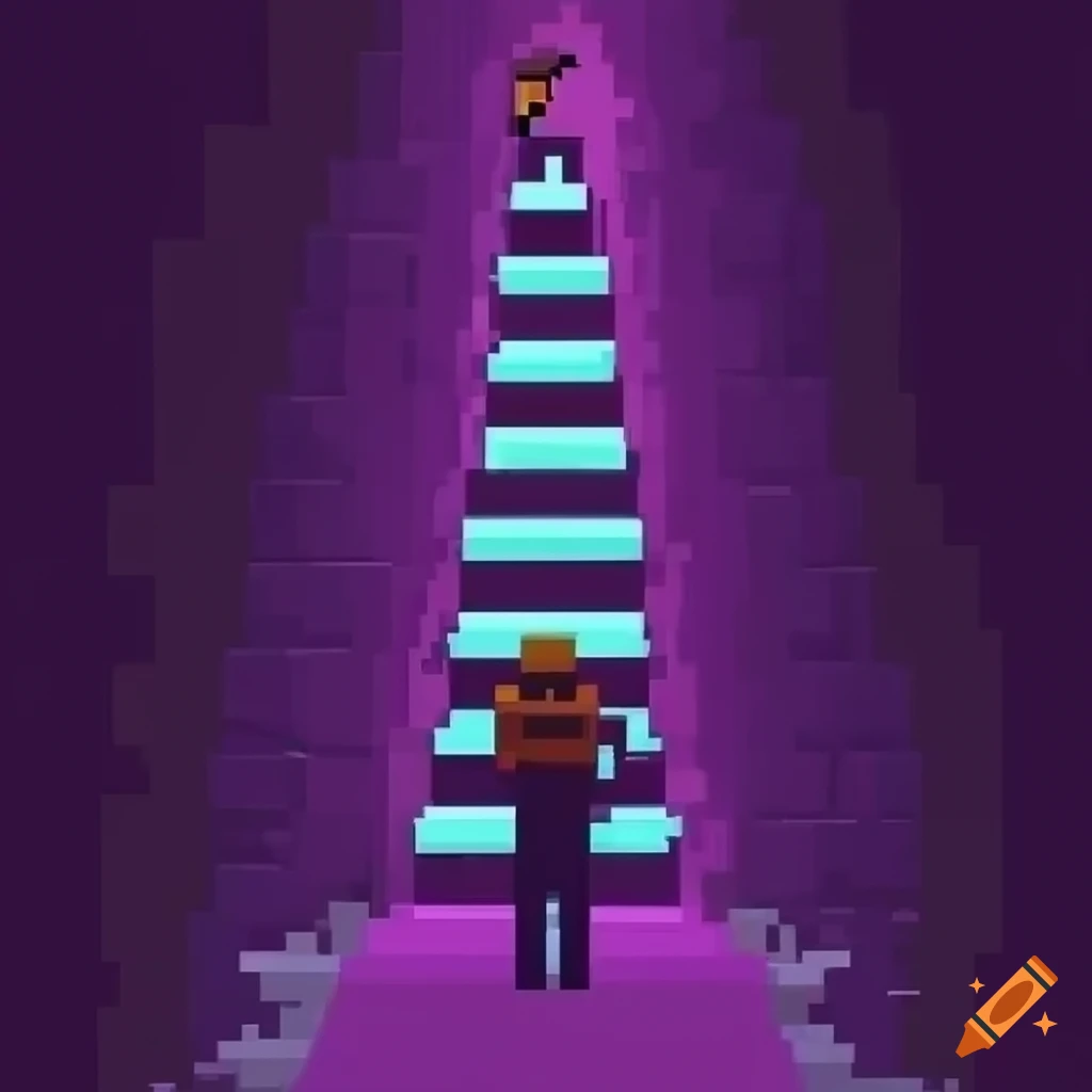 Retro 8-bit style video game character climbing endless staircase with ...