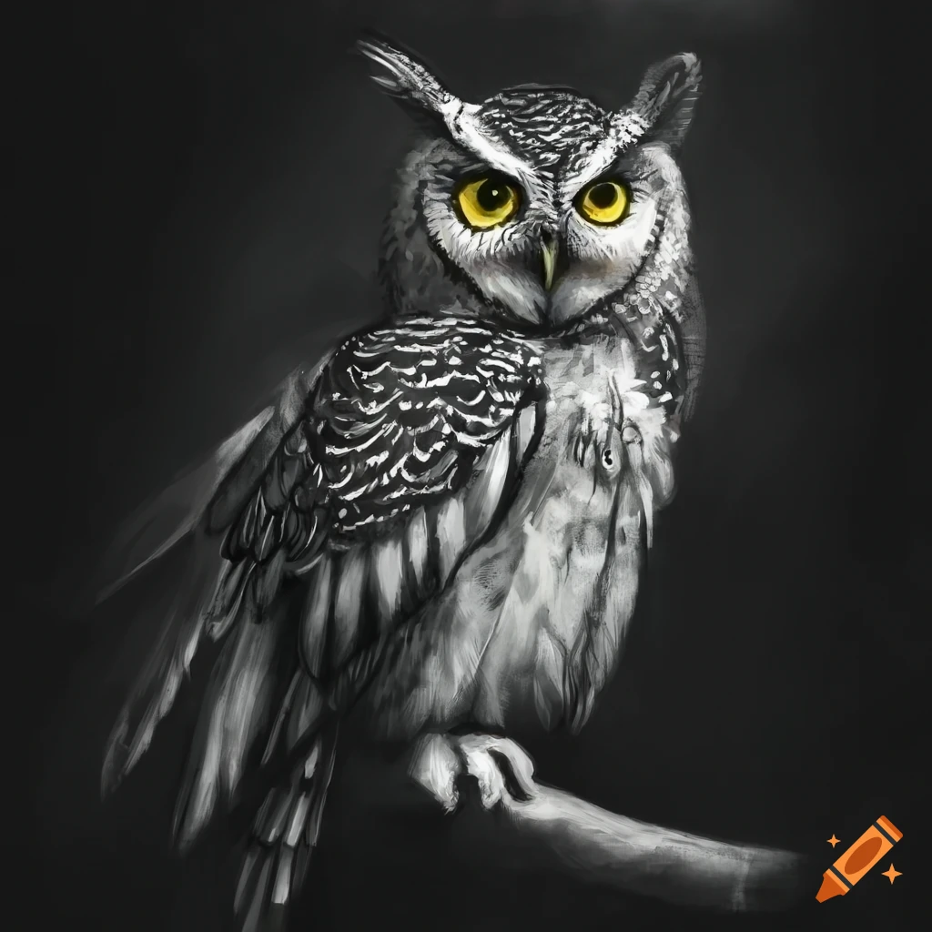 Realistic owl painting created with black charcoal on Craiyon