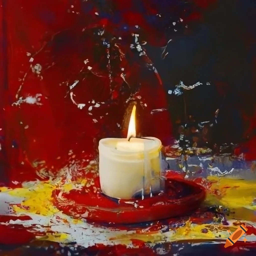 Abstract splatter painting with candle and still life elements in ...