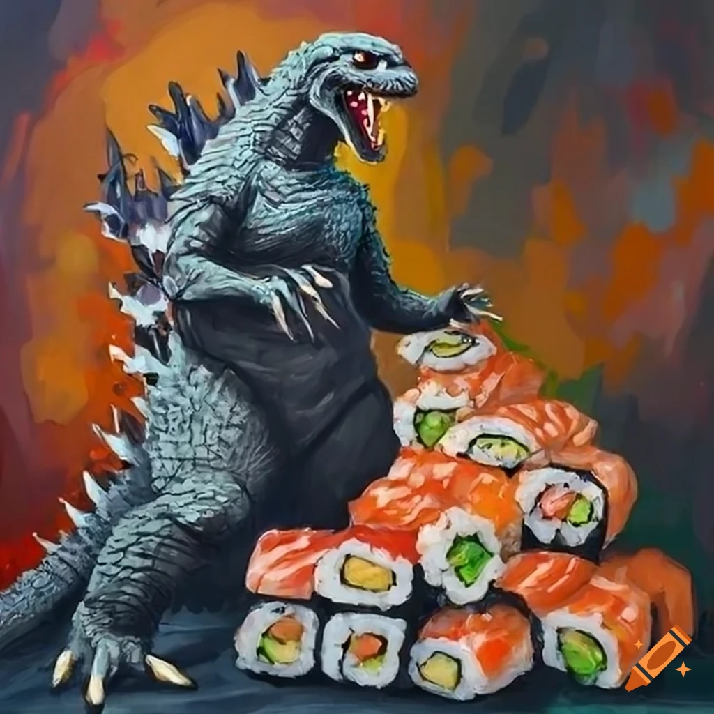 Godzilla enjoying a pile of sushi rolls in an oil painting on Craiyon