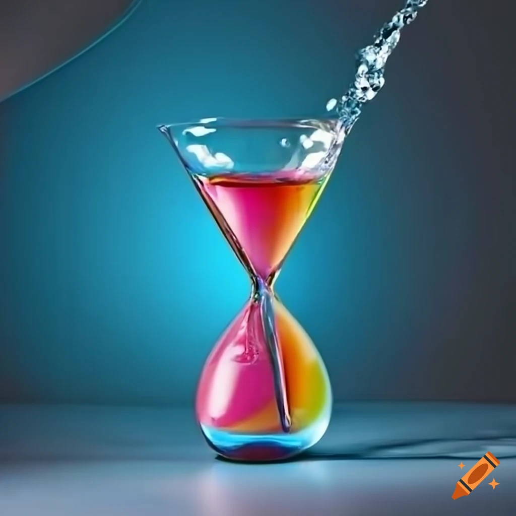 Rainbow water pitcher pouring into hourglass with dark sand on Craiyon