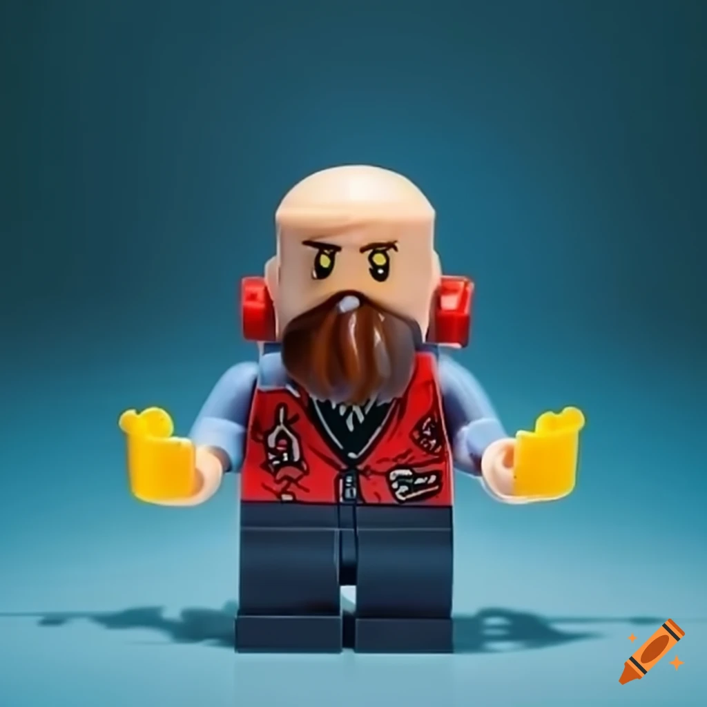 Lego figure of bald bearded man with gaming headphones on Craiyon