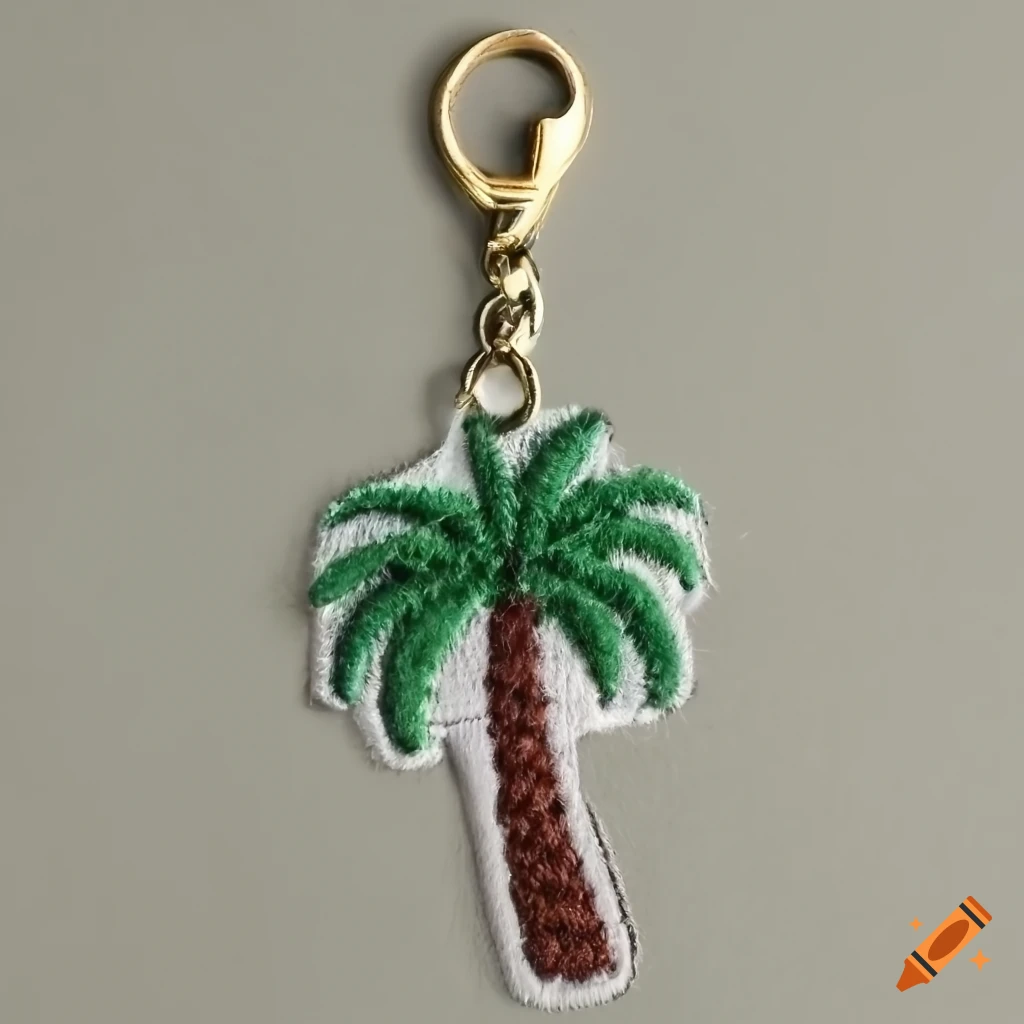 Embroidered palm tree keychain in a product photo on Craiyon