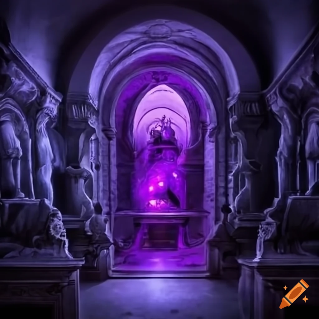 Ancient crypt of a feared goddess with purple lighting on Craiyon