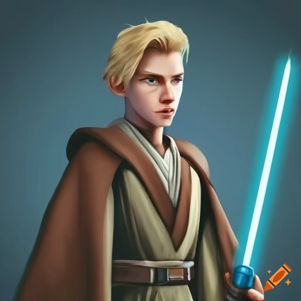 Blonde male jedi knight with blue lightsaber in traditional robes on ...