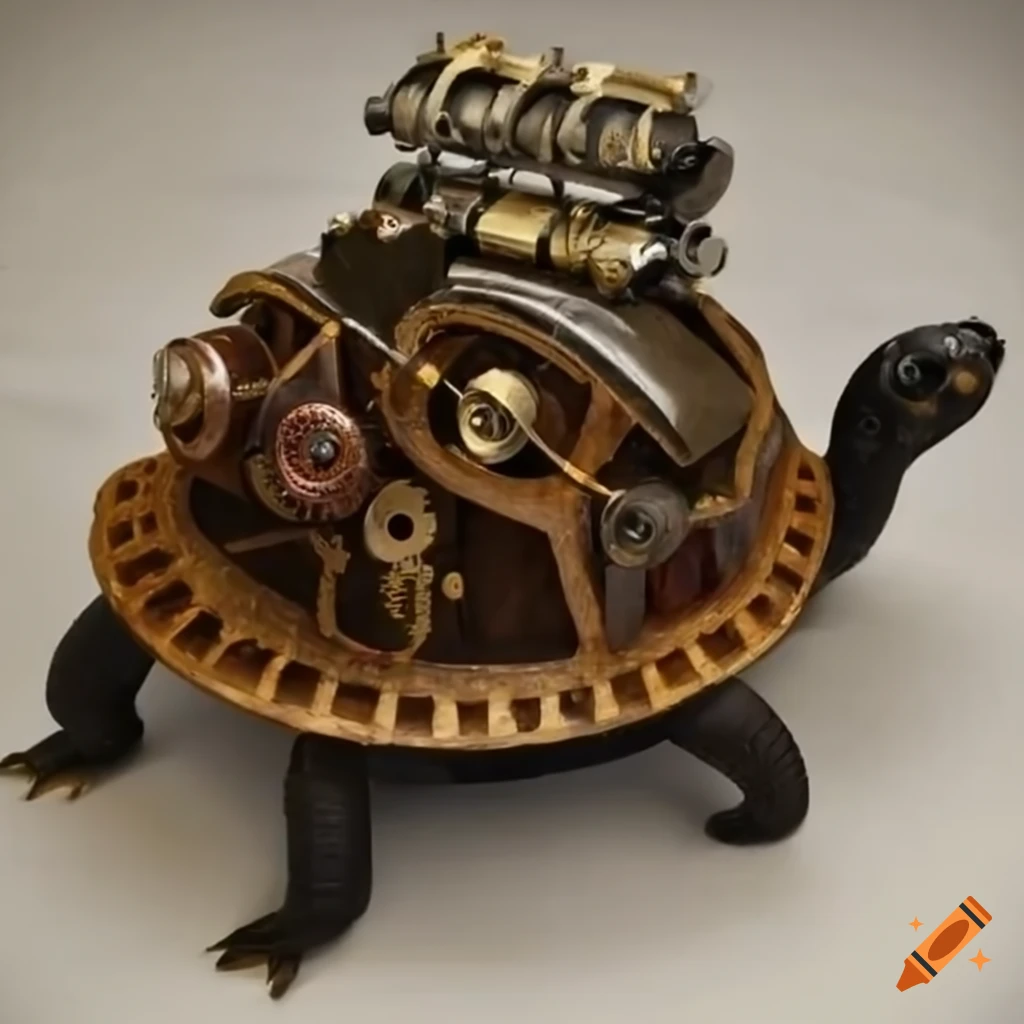 Creative steampunk turtle with a mini V6 engine on Craiyon
