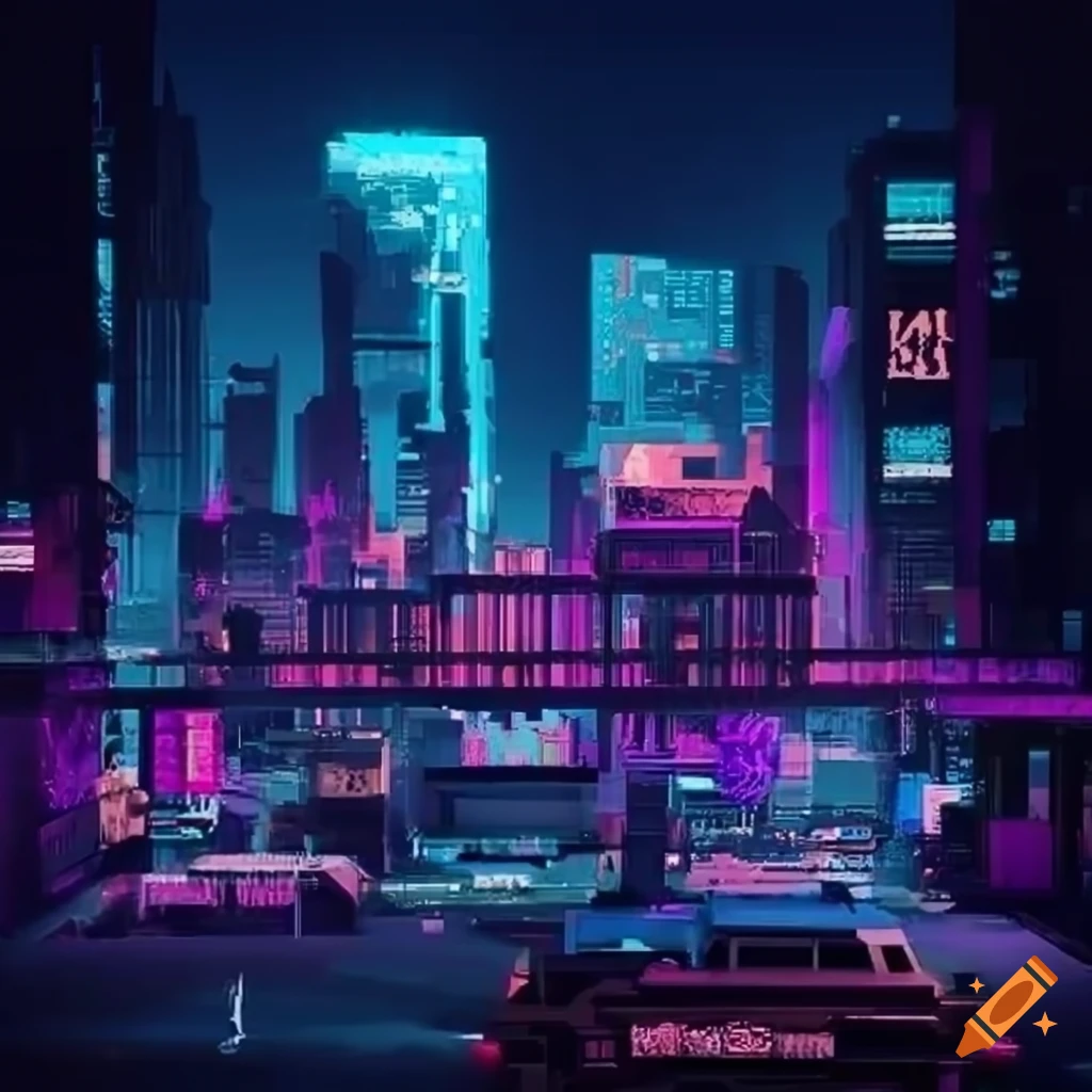 Template-style models of a cyberpunk neon city in 2d on Craiyon