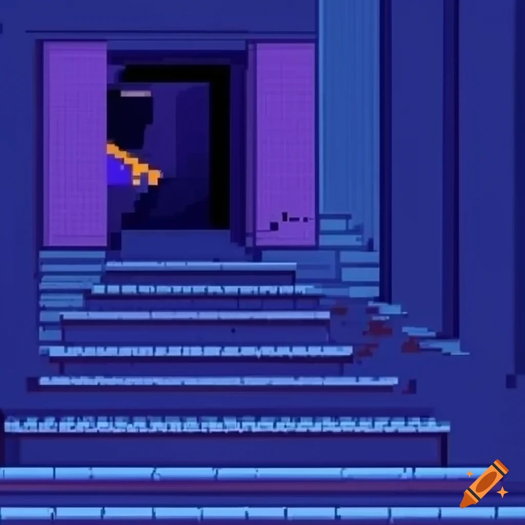 Retro 8-bit style video game character climbing endless staircase with ...
