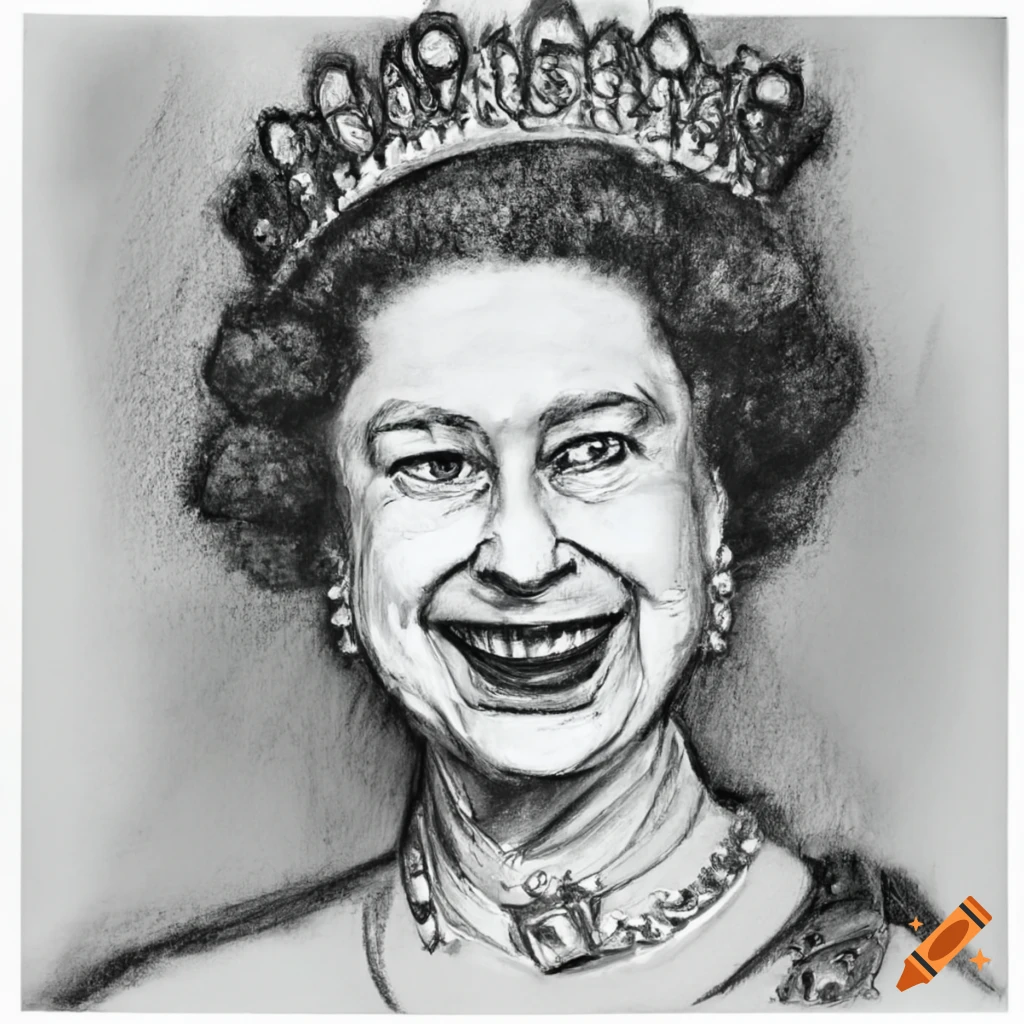 Humorous charcoal sketch of Queen Elizabeth II with a disapproving ...