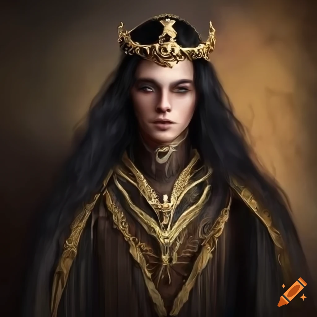 Elven king with black hair wearing a crown of autumn foliage on Craiyon