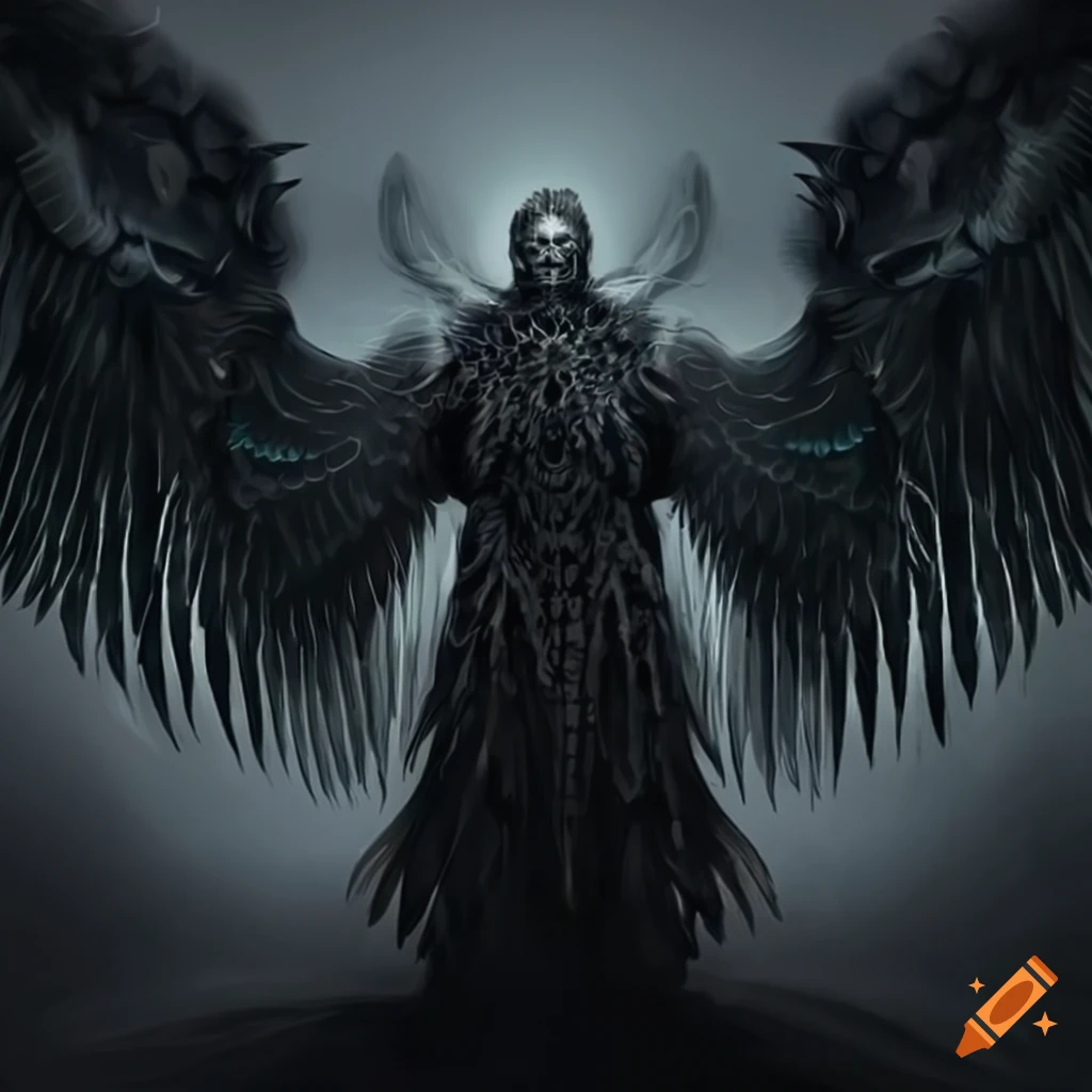 Dark winged god figure in grey on Craiyon