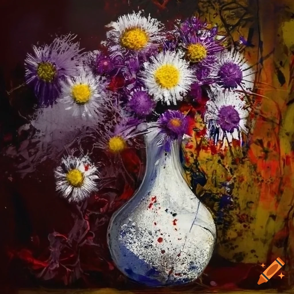 Still life abstract splatter painting with silver, white, red, lilac ...