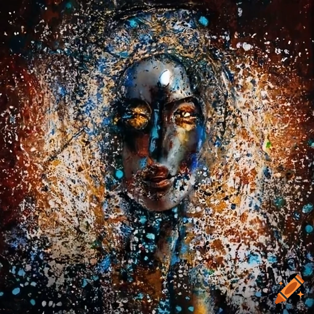 Abstract splatter painting of a woman surrounded by exotic flowers and ...