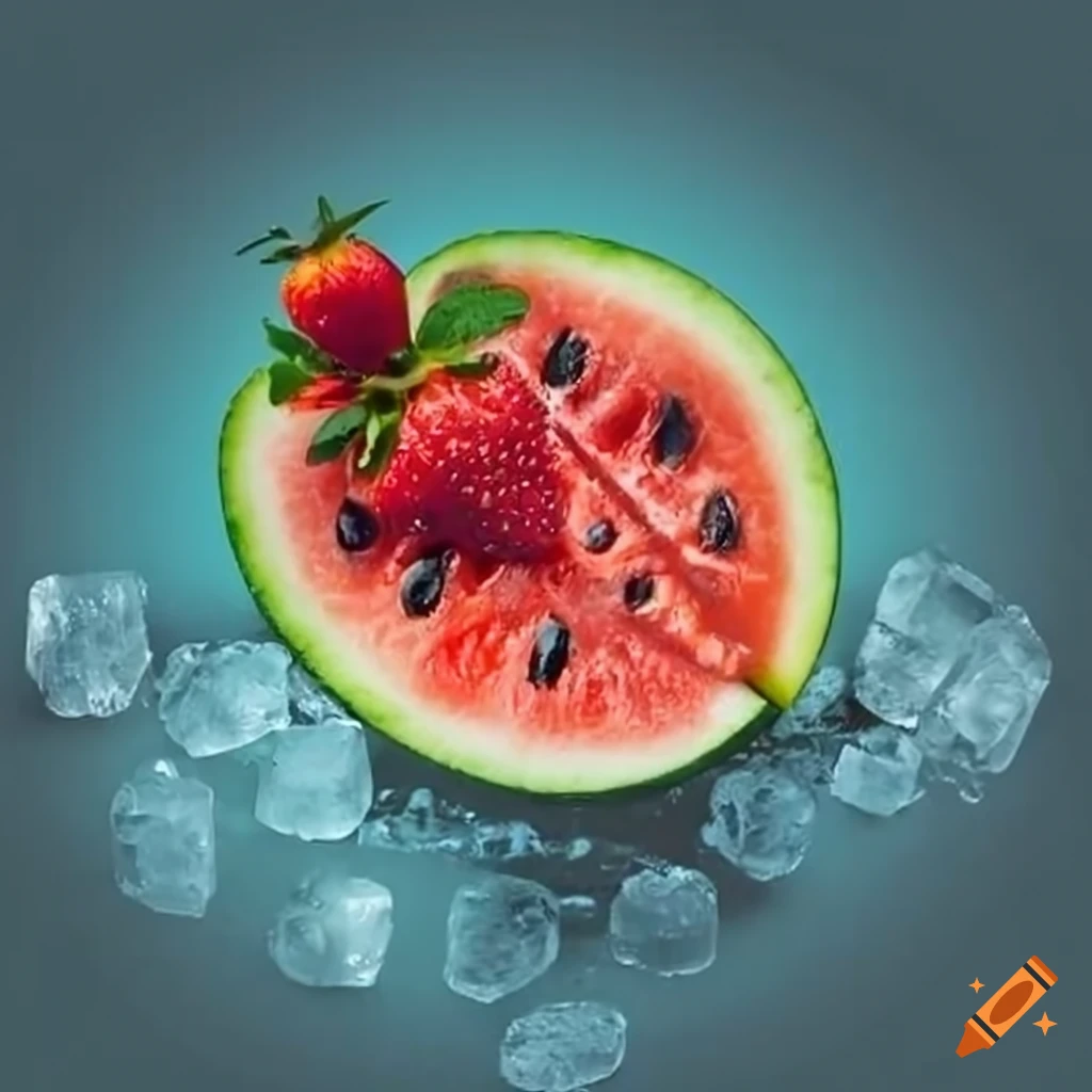 Watermelon slice and strawberry frozen in ice block on Craiyon