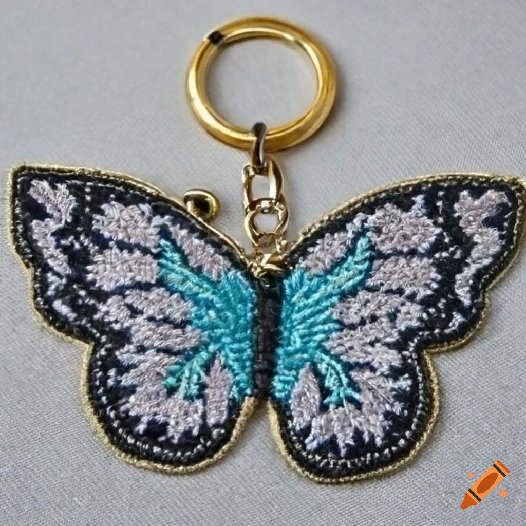 Embroidered butterfly keychain with flowers on Craiyon